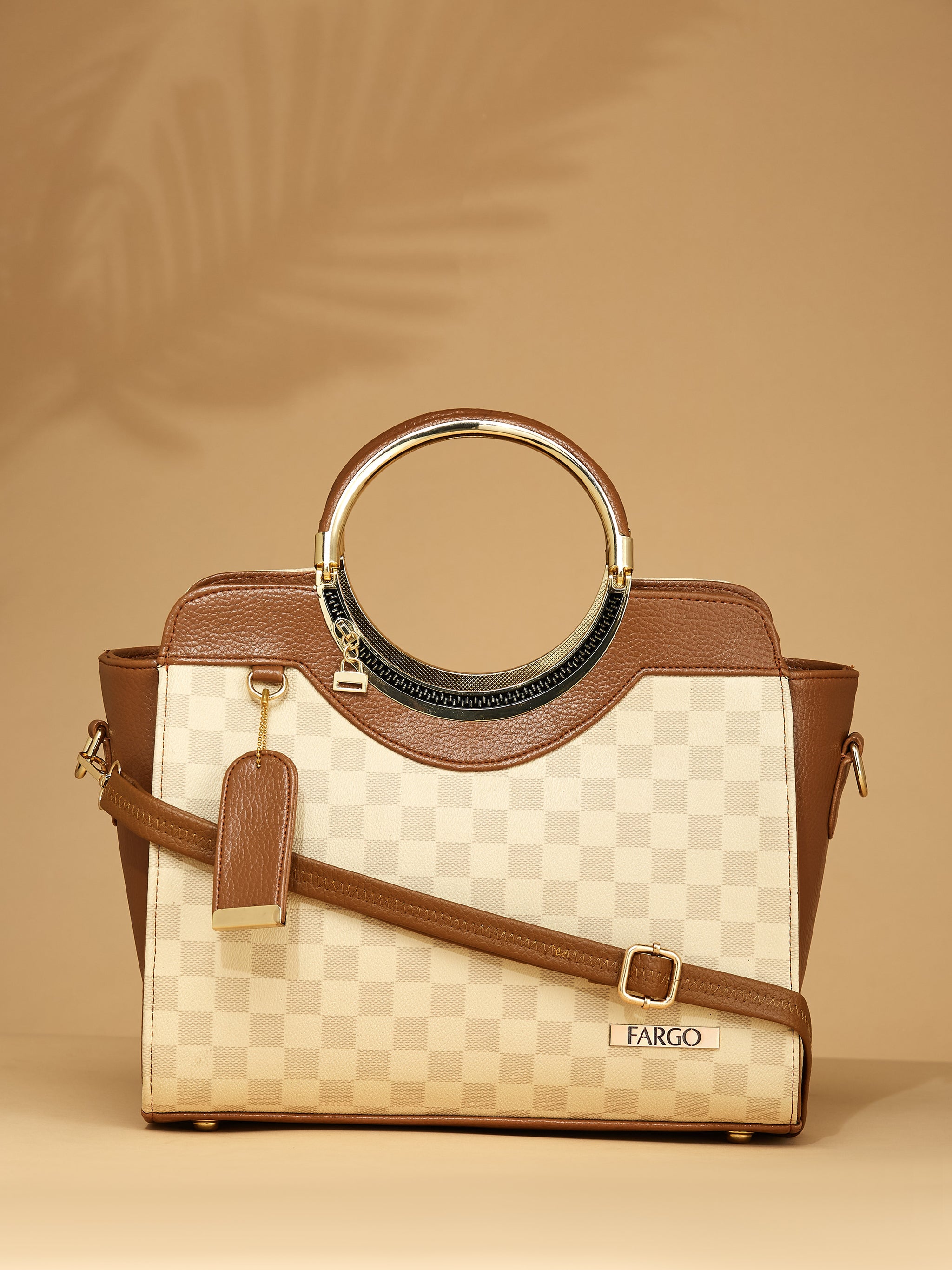 Checkered Vegan Leather Beige Women's Handbag